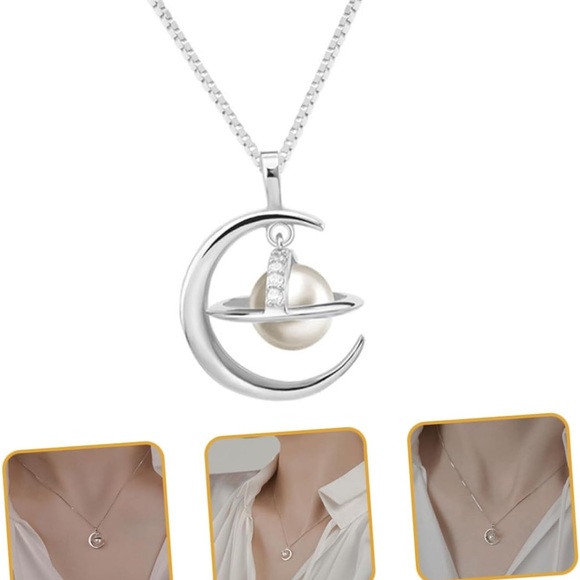 Jewelry | New S925 Sterling Silver Crescent Moon And Faux Pearl Planet Necklace | Poshmark